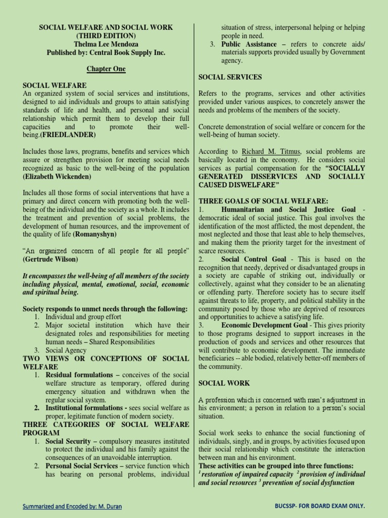 Orange Book Summary Social Welfare and Social Work 1 | PDF | Social ...