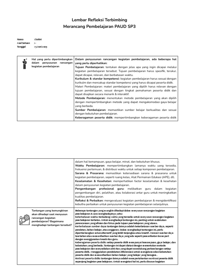 Lembar Kerja Refleksi Terbimbing Modul PAUD SP3 Hari Ke 10 | PDF