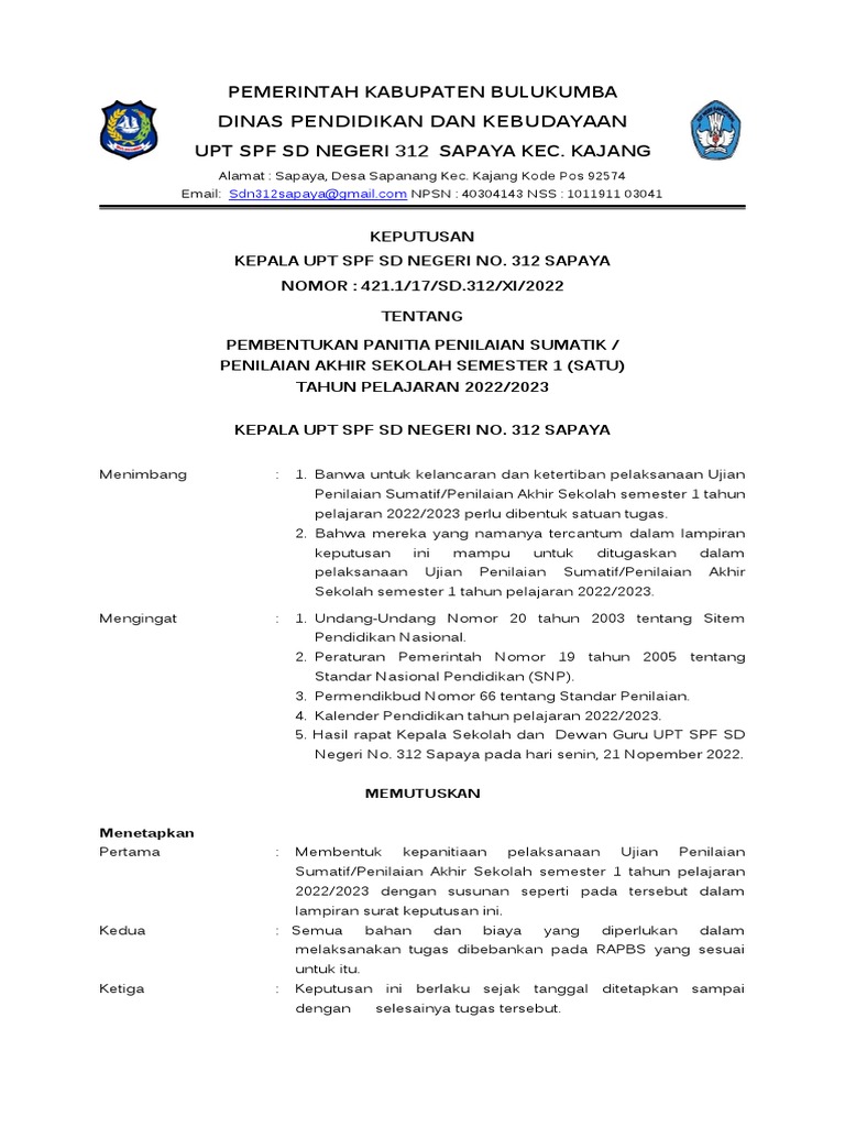 SK Panitia Penilaian Sumatif Semester 1 Tahun Pel 2022-2023 Upt SPF Sdn. 312 Sapaya | PDF
