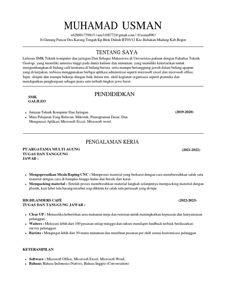 Surat Lamaran Dan CV Muhamad Usman | PDF