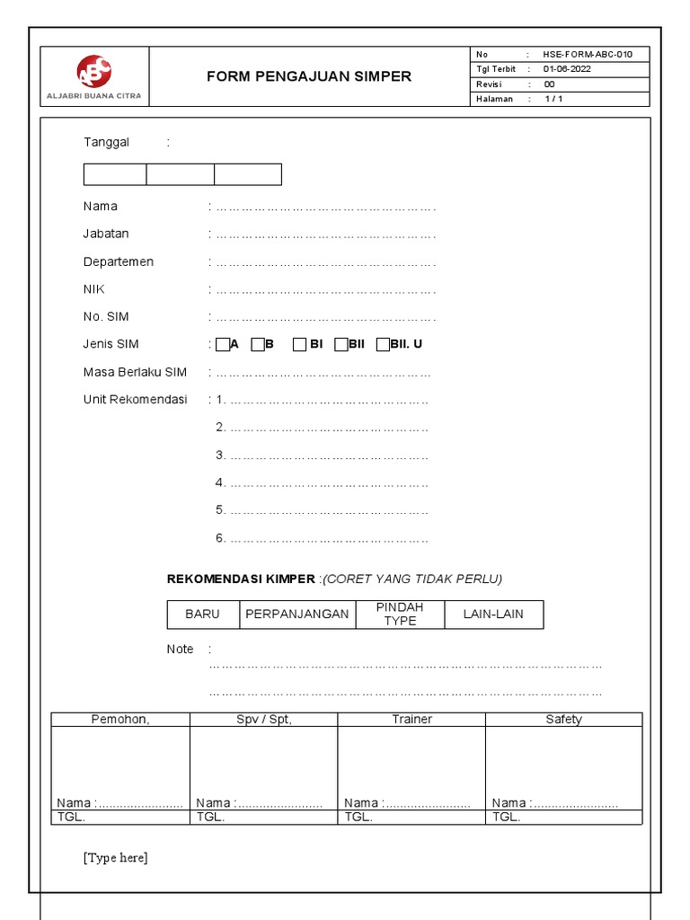 HSE-FORM-ABC-010 Pengajuan Simper | PDF