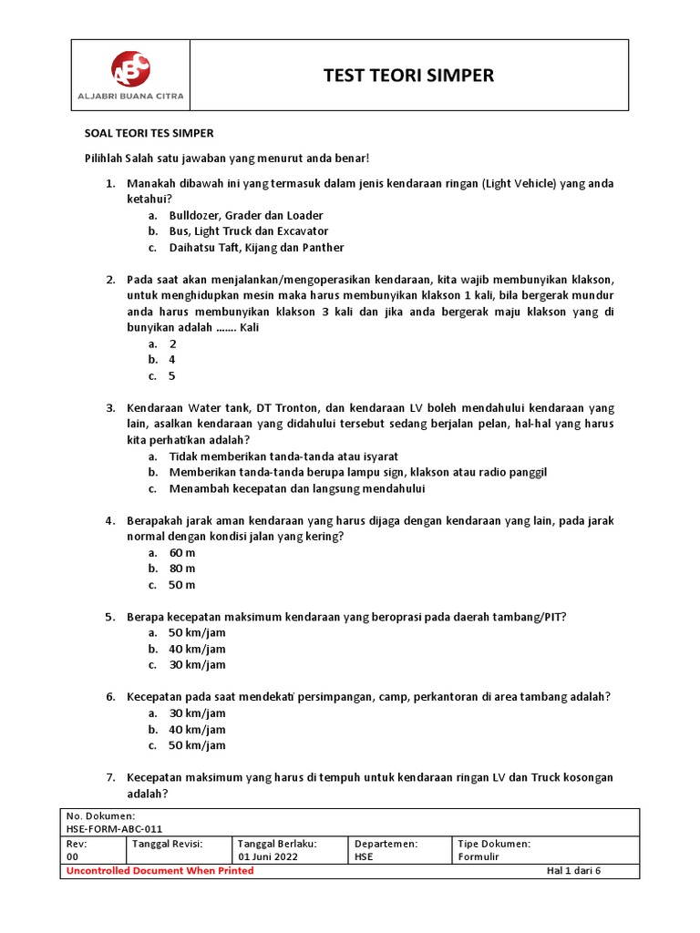 Soal Tes Teori SIMPER Tambang | PDF
