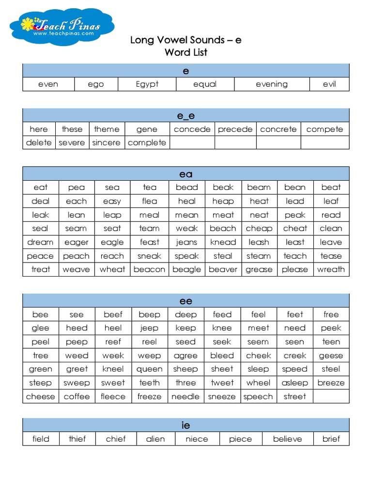 Long E Vowel Sound Word List | PDF