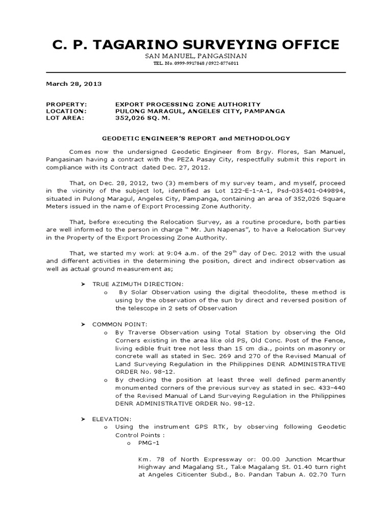 Geodetic Engineer's Report On Relocation Survey | PDF | Surveying | Geodesy