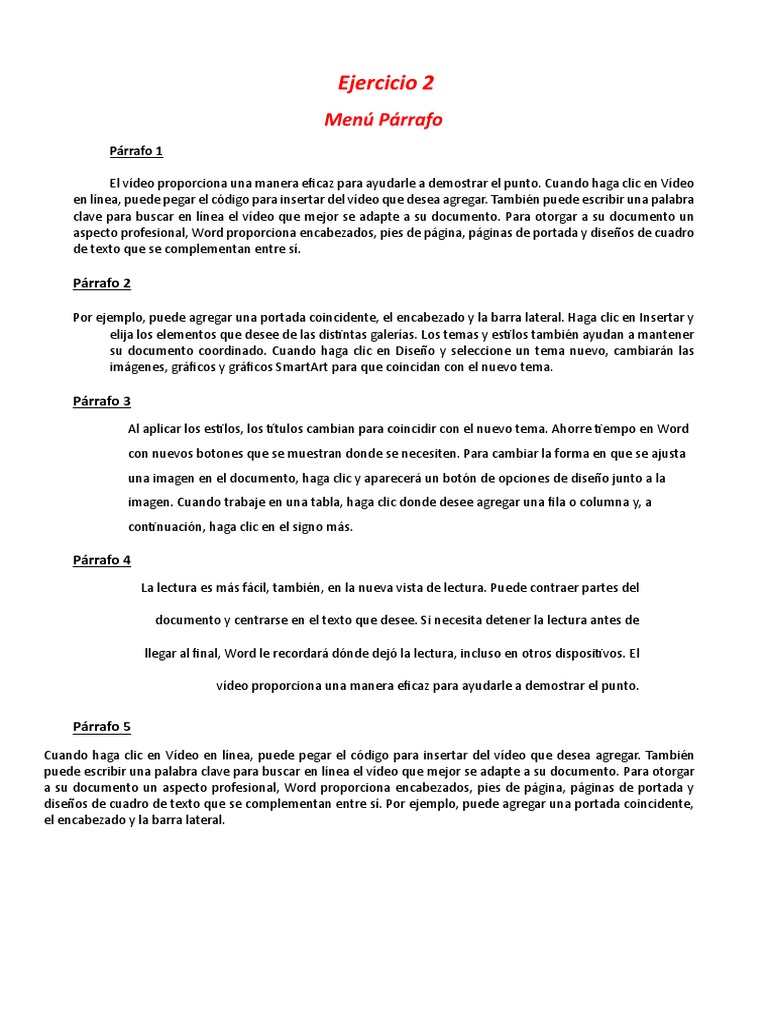 Ejercicio 2. Menú Párrafo | PDF | Vídeo | Informática