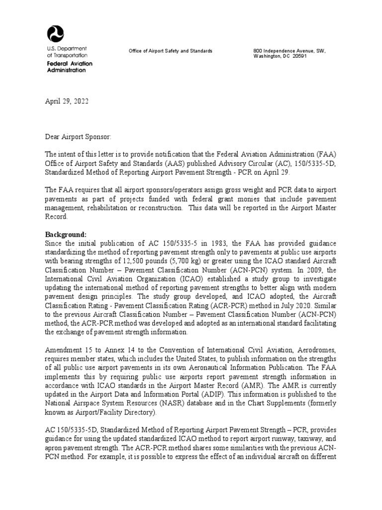 Airport Sponsor Letter On AC 150 5335 5D PCR Reporting | PDF | Airport ...