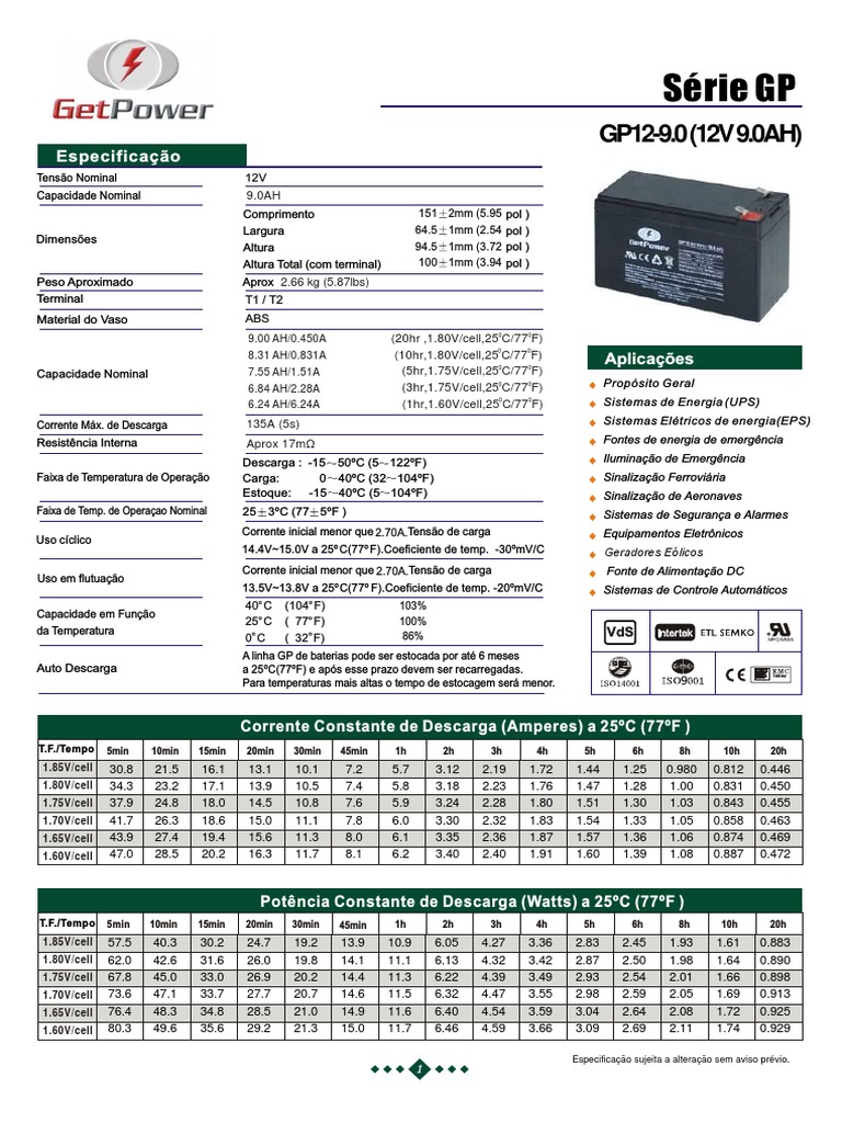 GP12-9 (12V 9ah @C20) | PDF | Ciência de Materiais | Eletromagnetismo