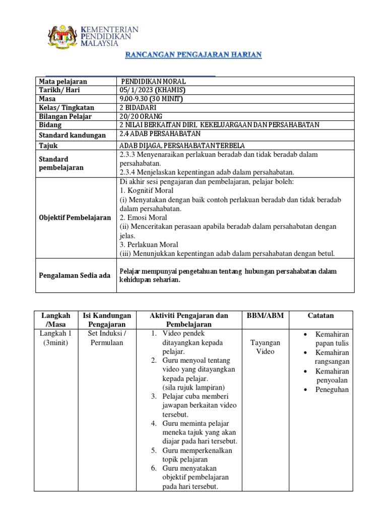 Contoh RPH Guru Pelatih Pendidikan Moral - Contoh Utk Pelajar | PDF