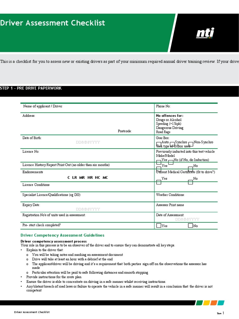 Driver Assessment Checklist | PDF | Vehicles | Landing Gear
