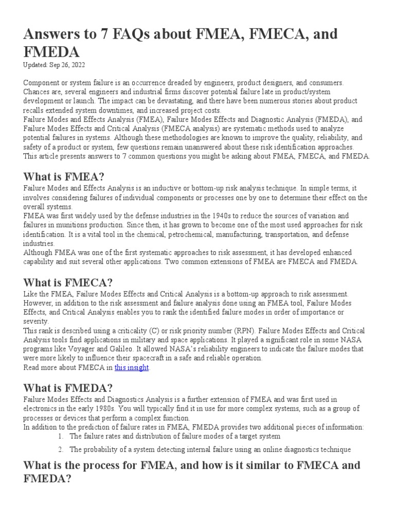 Answers To 7 FAQs About FMEA, FMECA, and FMEDA | PDF | Risk | Business Process