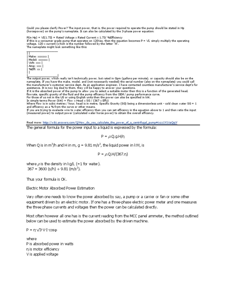Pump KW Calculation | PDF | Electric Power | Horsepower