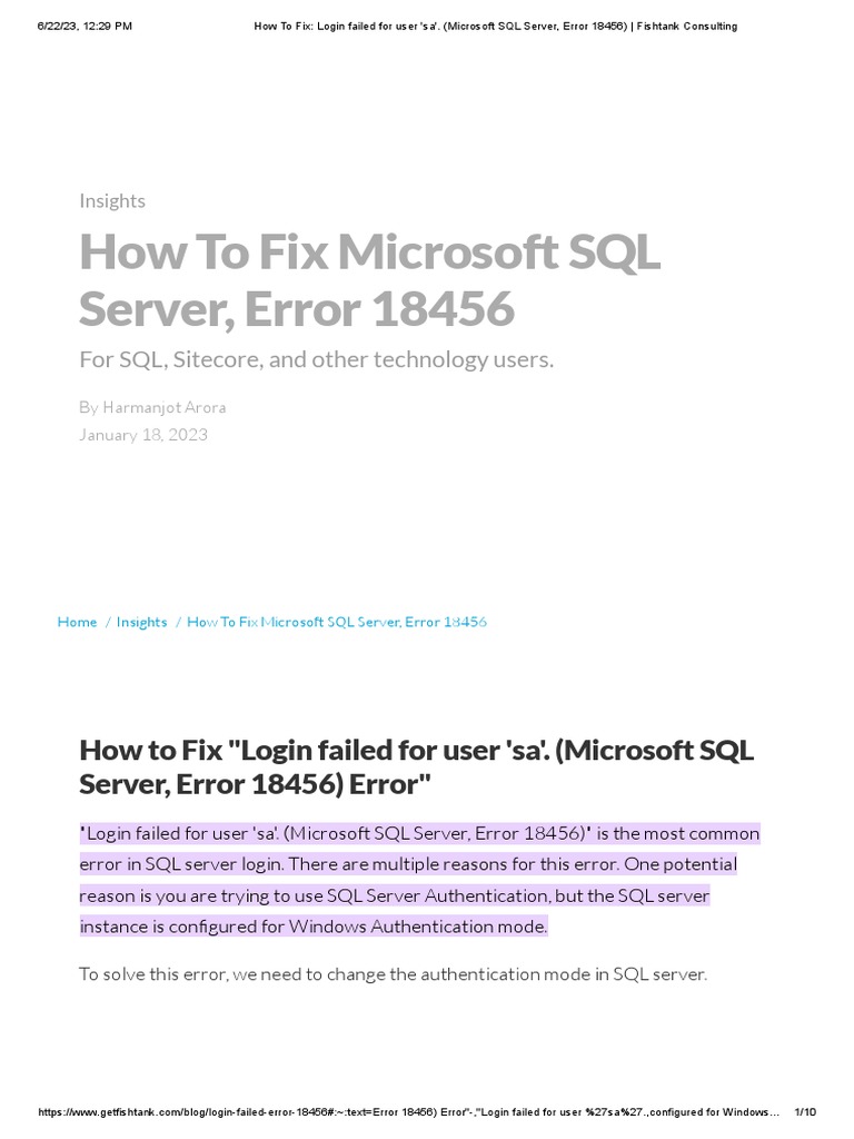 How To Fix - Login Failed For User 'Sa'. (Microsoft SQL Server, Error ...