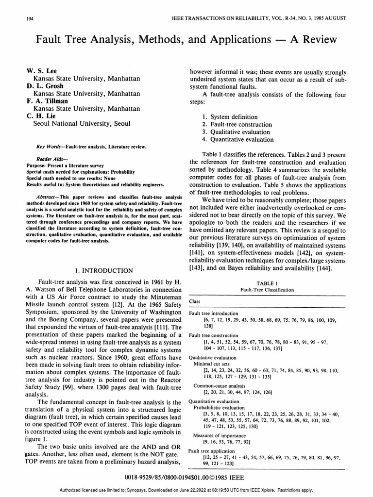 Fault Tree Analysis Methods and Applications A Review | PDF ...