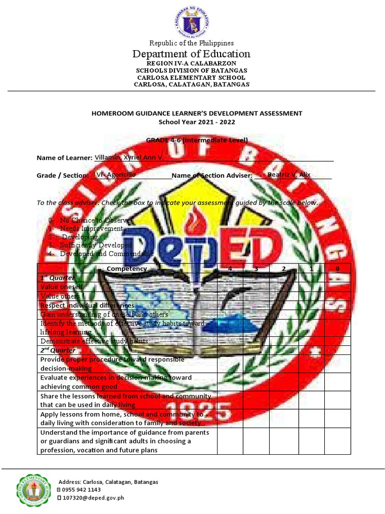 Department of Education: To The Class Adviser: Check The Box To ...