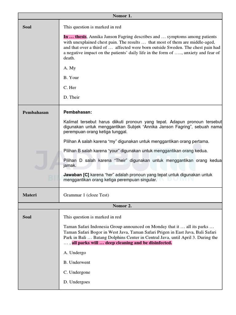 Contoh Soal Cloze Test Bahasa Inggris | PDF | Sains & Matematika