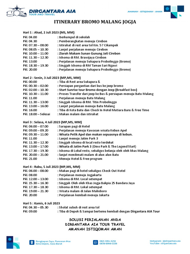 Itinerary Bromo Malang Jogja 5h 2m | PDF