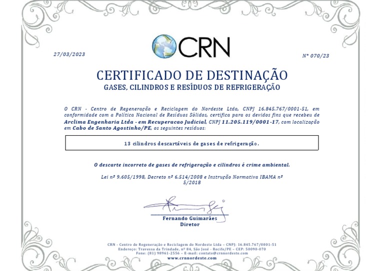 Certificado CRN - Reciglagem Gases | PDF