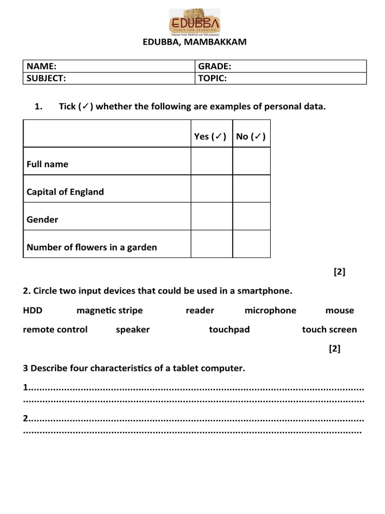 Grade 9 ICT Worksheet1 | PDF | Smartphone | Random Access Memory