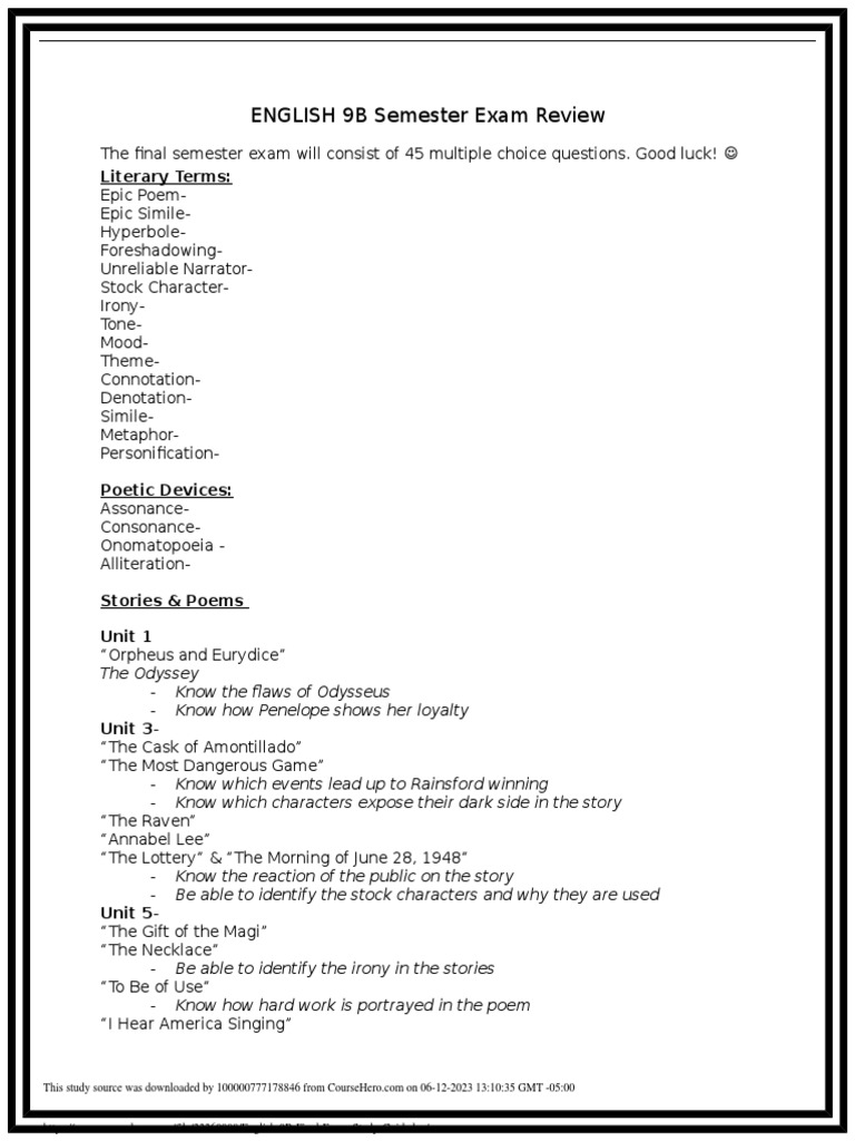 English 9B Final Exam Study Guide | PDF | Citation | Poetry