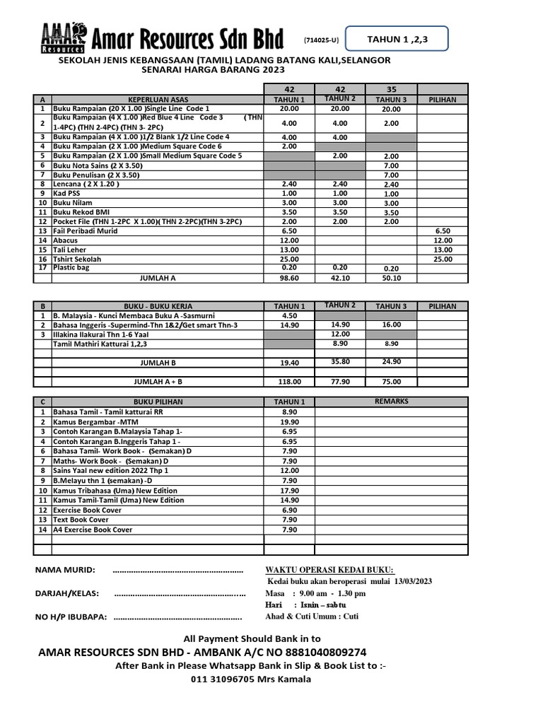 Tahun 1,2,3 - 2023 SJKT Batang Kali Senarai Harga Barang 2023 With ...