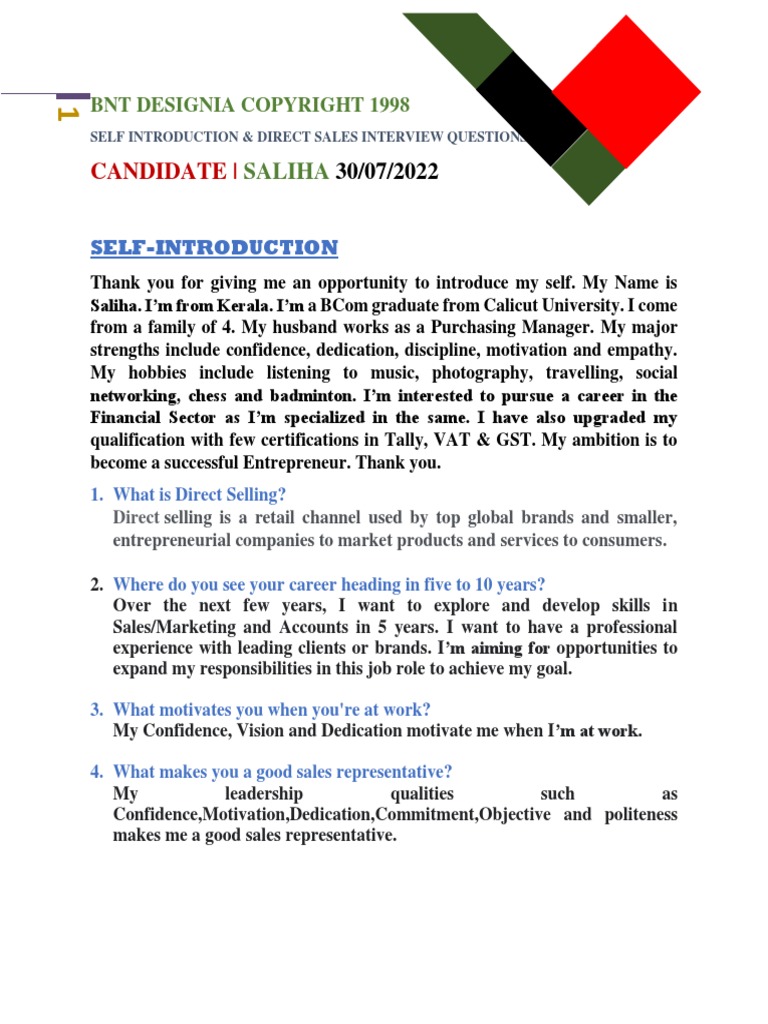 Direct Sales Representative Interview Questionnaire | PDF | Sales ...