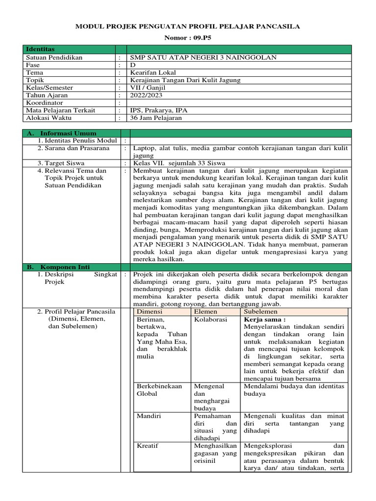 Modul Projek Kearifan Lokal - Kerajinan Tangan Dari Kulit Jagung - Fase ...