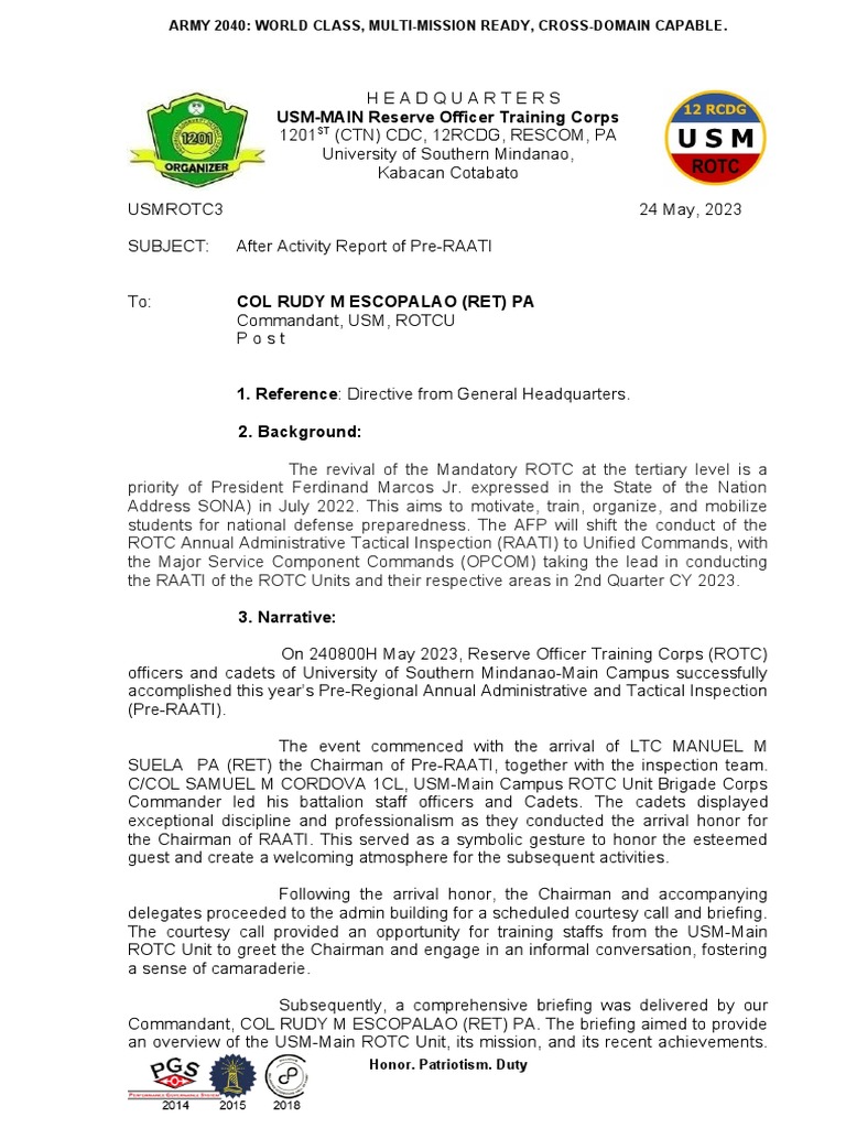 AAR FOR PRE-RAATI Dox | PDF | Reserve Officers' Training Corps | Cadet