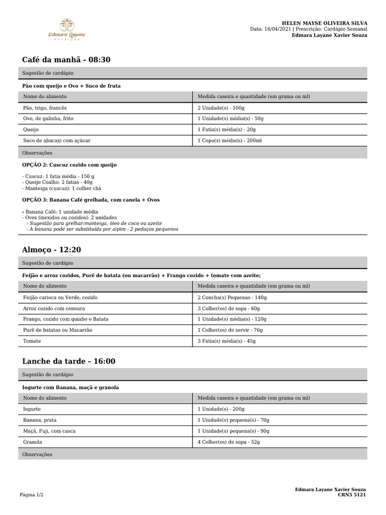 HELEN MAYSE OLIVEIRA SILVA - Cardápio Semanal | PDF | Banana | Queijo
