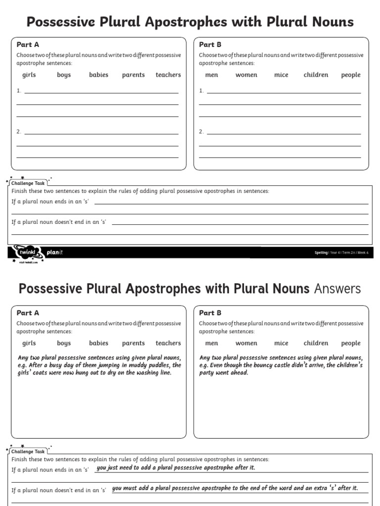 Possessive Plural Apostrophes With Plural Nouns | PDF | Plural ...