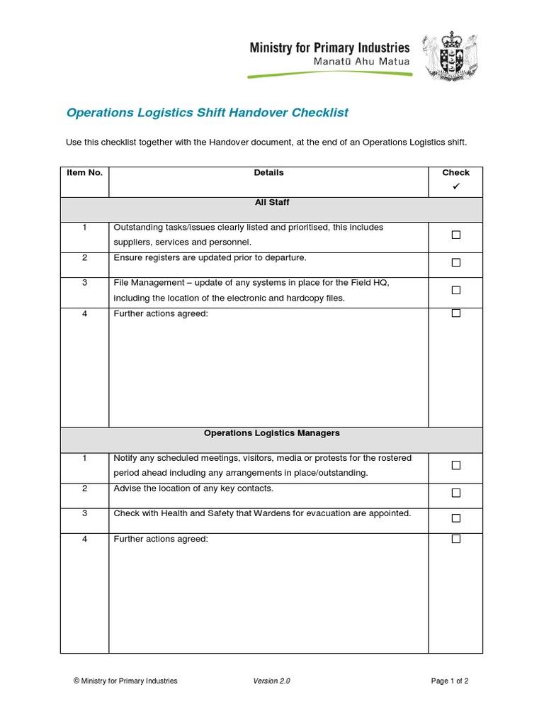 Operations Logistics Shift Handover Checklist | PDF | Business ...
