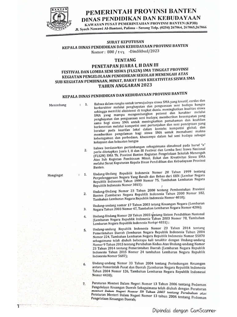 SK Pemenang FLS2N 2023 Prov Banten | PDF