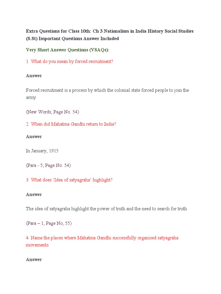 Class 10 Nationalism in India Extra Q&A | PDF | Mahatma Gandhi | Social ...