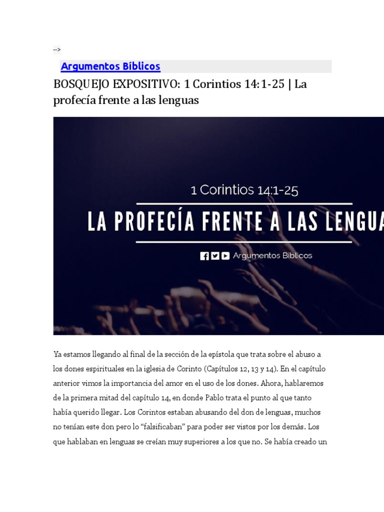 BOSQUEJO EXPOSITIVO 1 Corintios 14 1 25 La Profecía Frente A Las Lenguas | PDF | Primera ...