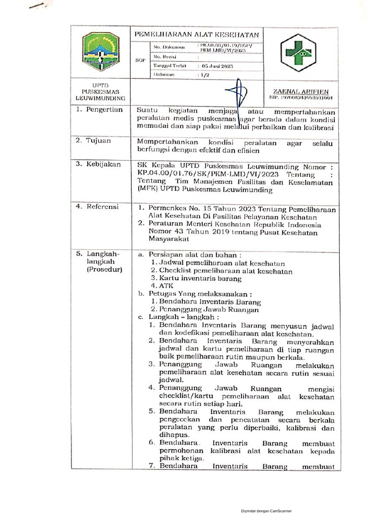 Sop Pemeliharaan Alkes | PDF
