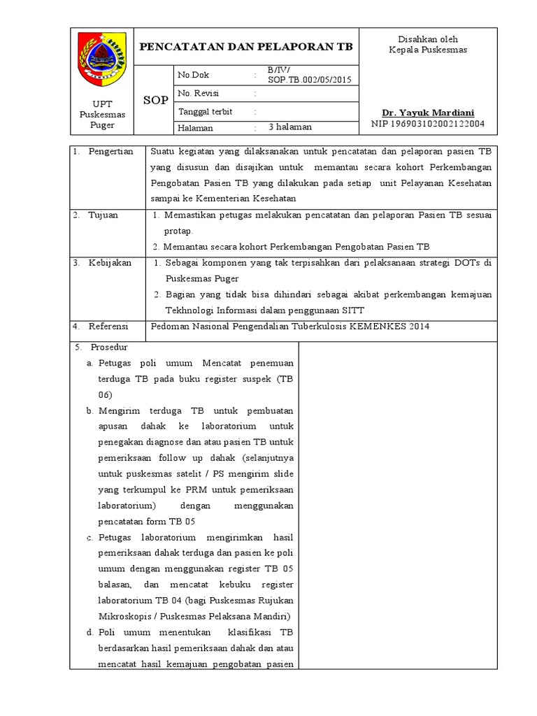 SOP Pencatatan Dan Pelaporan TB Fix | PDF