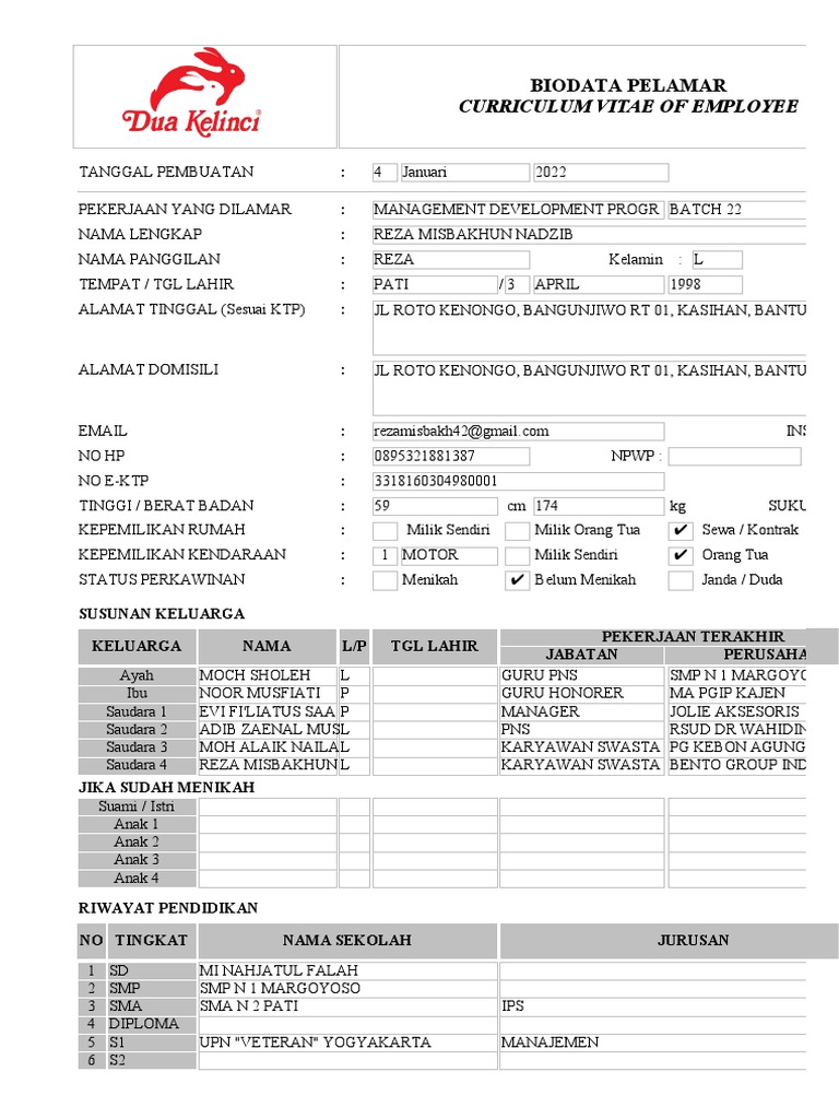 Biodata Pelamar - Reza Misbakhun Nadzib - MDP Batch 22 | PDF