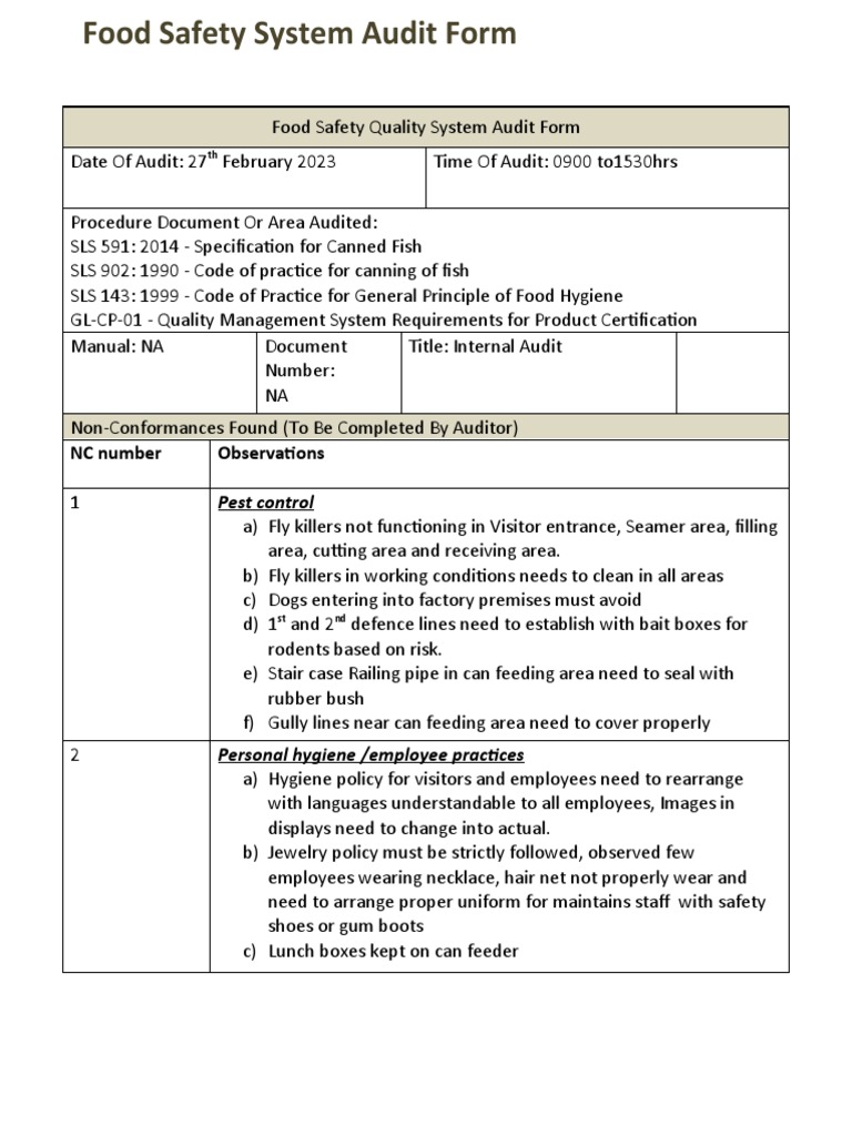QMR 010 Food Safety Quality System Audit Form Sample | Download Free ...
