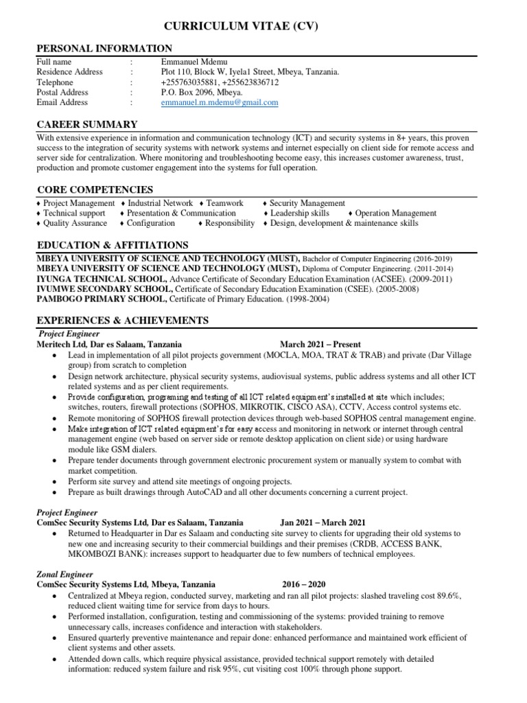 Emmanuel Mdemu (CV) | PDF | Security Alarm | Computer Network