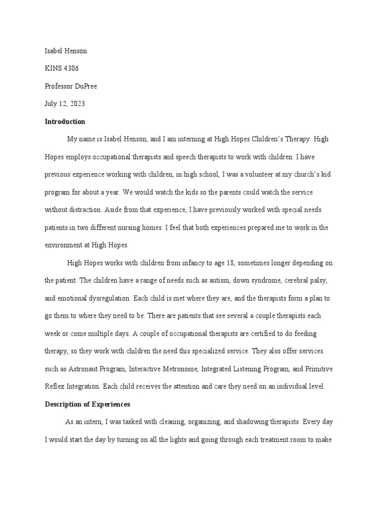 Internship Reflection Paper | PDF | Occupational Therapy | Therapy