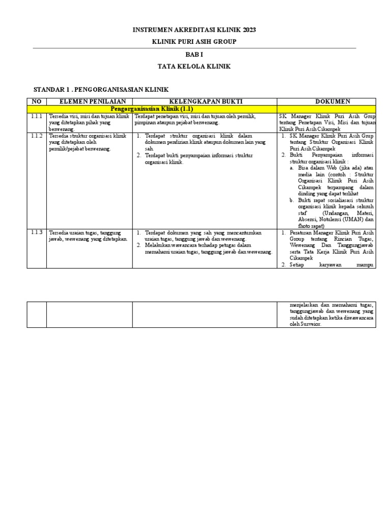 Bab I Instrumen Akreditasi Klinik | PDF