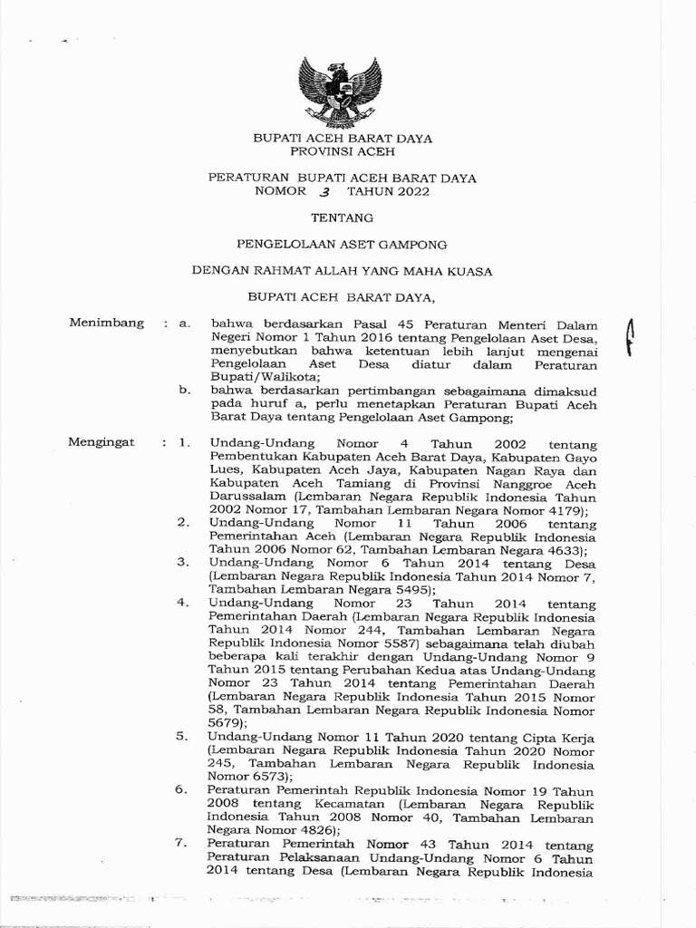 Perbup 3 2022 Pengelolaan Aset Gampong | PDF