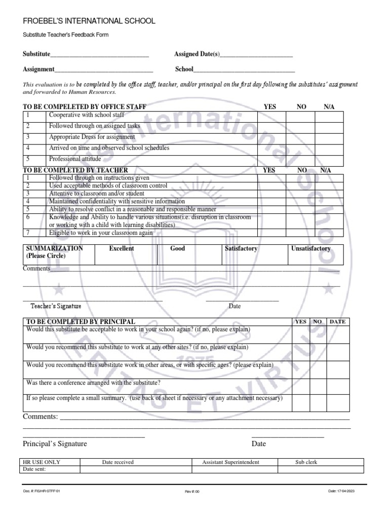 Substitute Teacher Feedback Form | PDF | Teachers | Classroom