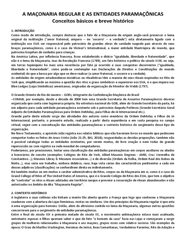 A Maçonaria Regular e As Entidades Paramaçônicas | PDF | Maçonaria ...