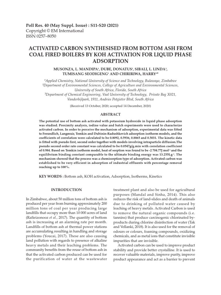 Activated Carbon Synthesised From Bottom Ash From Coal Fired Boilers by ...