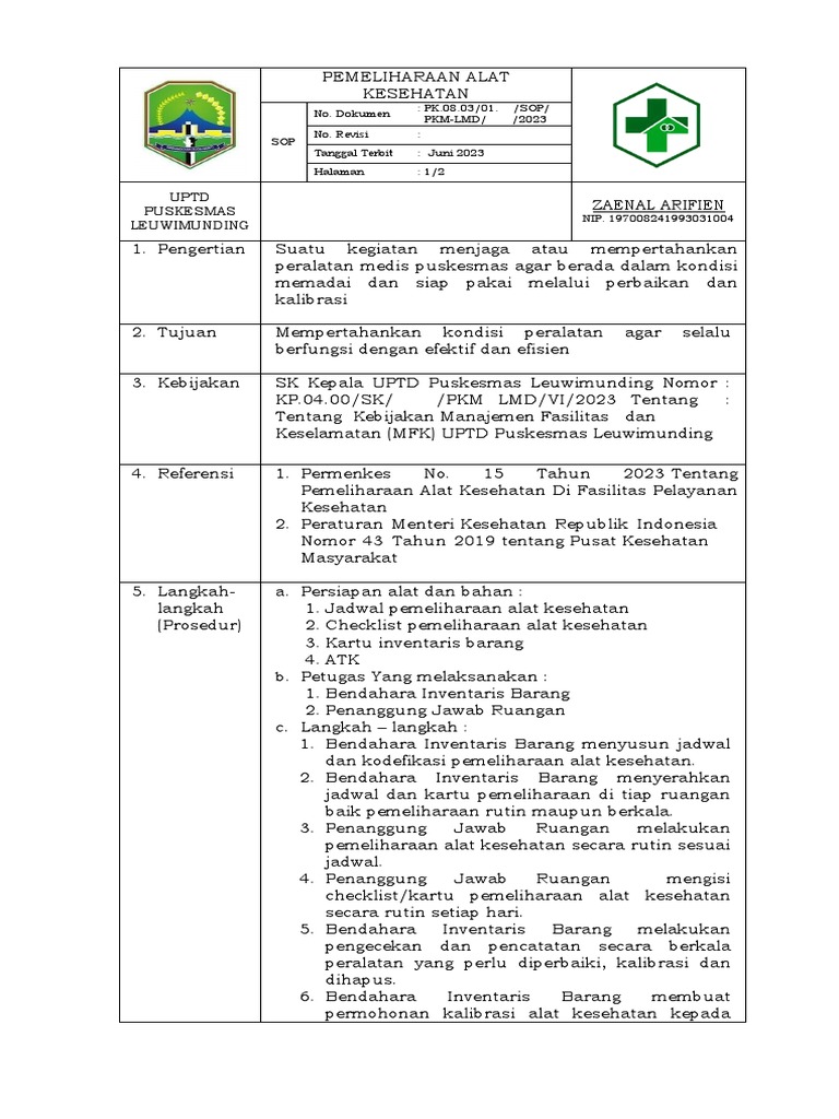 Sop Pemeliharaan Alat Kesehatan Pdf