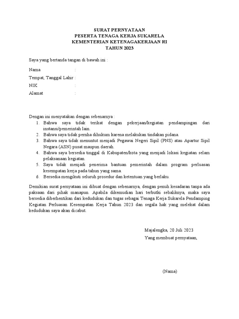 Surat Pernyataan TKS Tahun 2023 | PDF