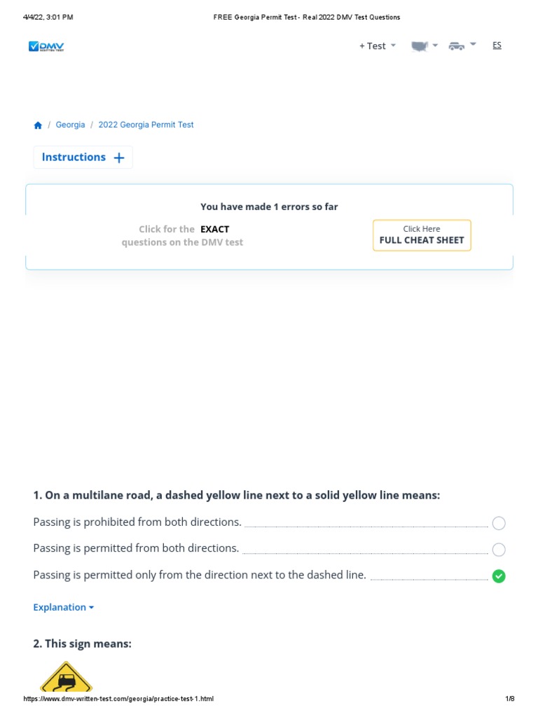 FREE Georgia Permit Test - Real 2022 DMV Test Questions | PDF | Lane ...