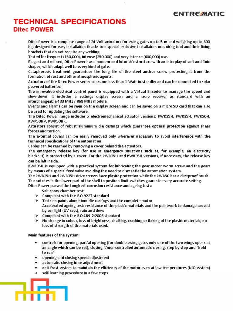 EN - Ditec Power Specifications | PDF | Electric Motor | Electrical ...
