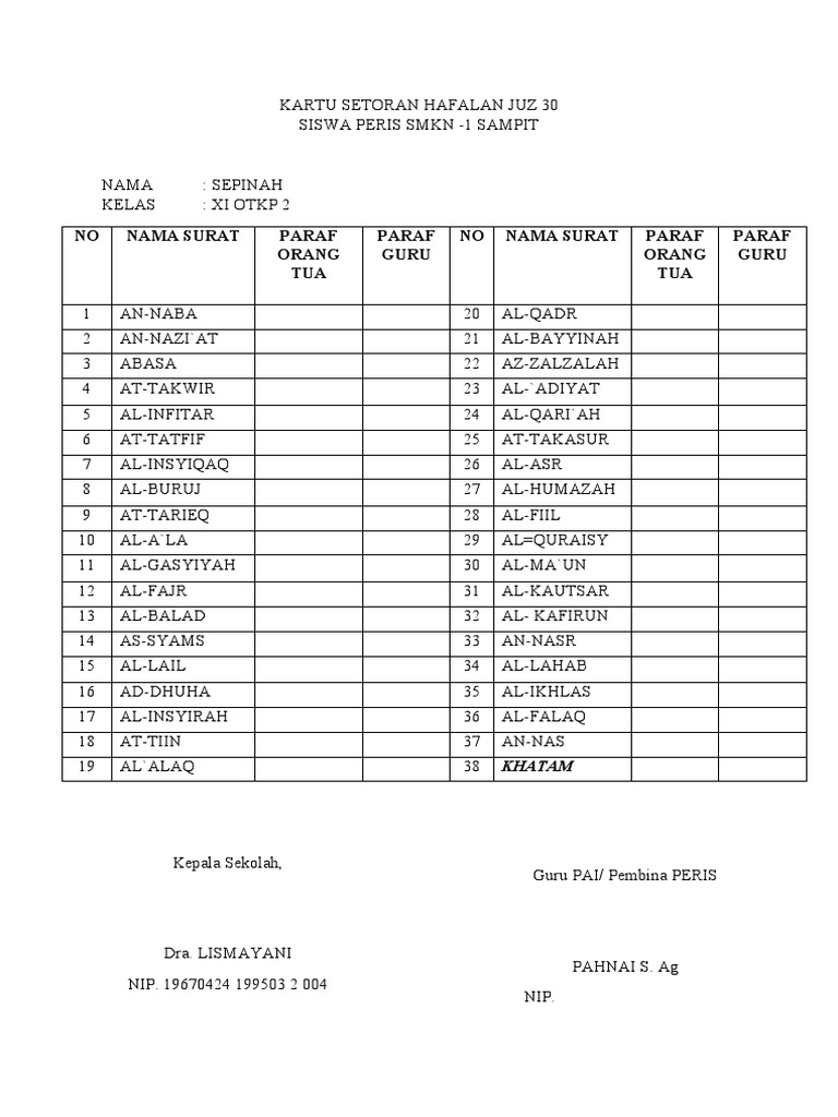 Kartu Setoran Hafalan Juz 30 | PDF