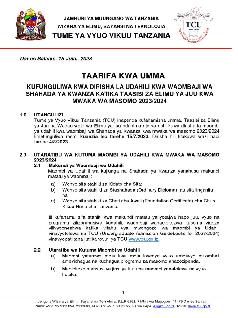 Kufunguliwa Kwa Dirisha La Kwanza La Udahili Mwaka Wa Masomo 2023 2024 | PDF